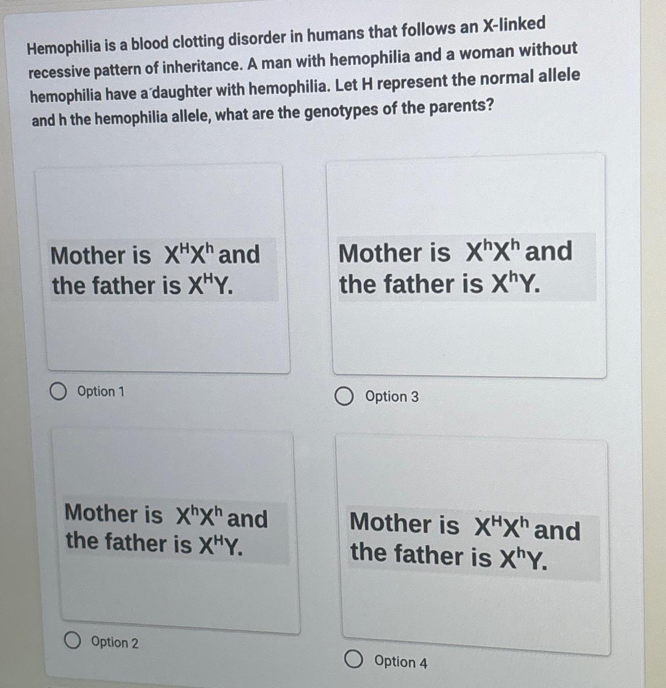 Solved Hemophilia is a blood clotting disorder in humans | Chegg.com