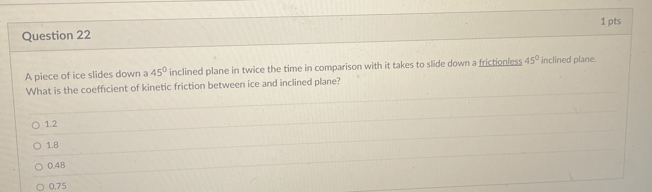 Solved Question 221 ﻿ptsA piece of ice slides down a 45° | Chegg.com