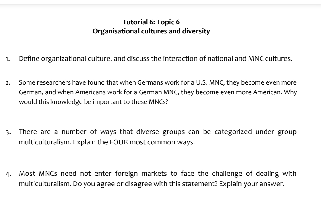 Solved by an EXPERT Tutorial 6: Topic 6Organisational cultures and | Chegg.com