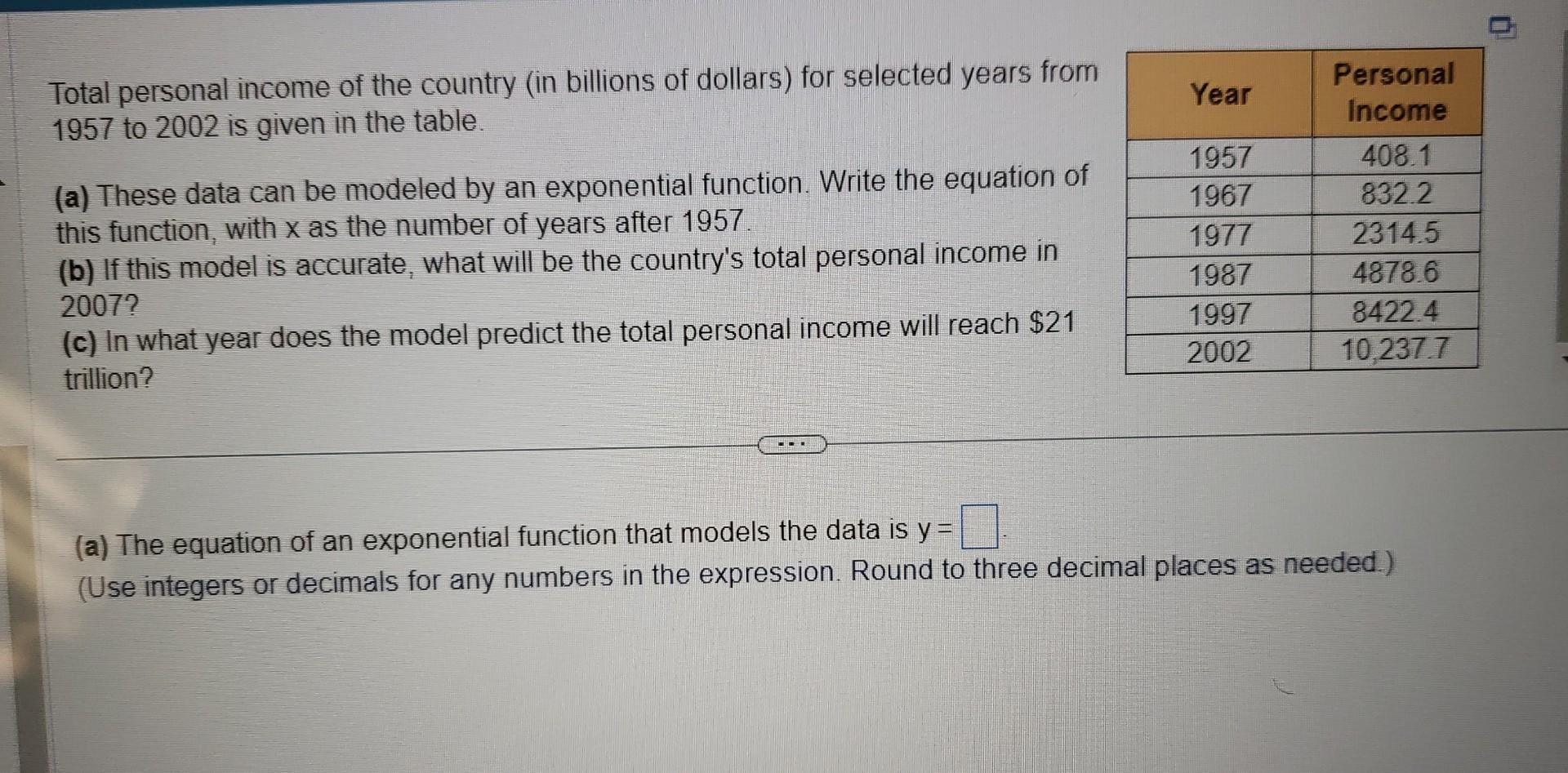 Solved Total personal income of the country (in billions of | Chegg.com