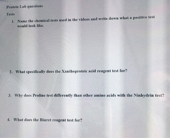 Solved Protein Lab questions Tests 1. Name the chemical | Chegg.com