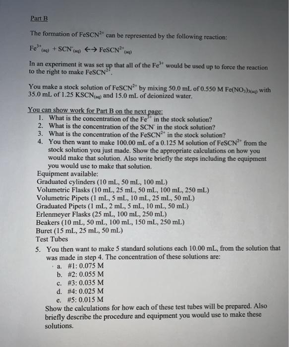 Solved Part B Fe (aq) +SCN The formation of FeSCN2" can be | Chegg.com