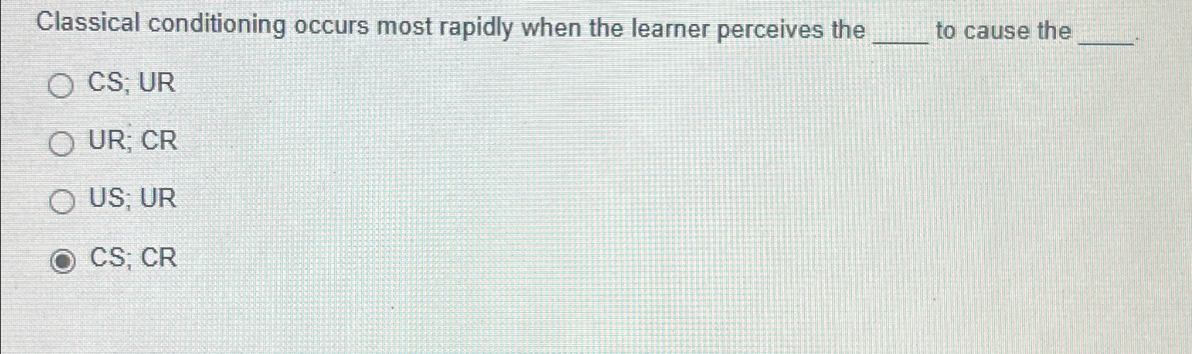 Solved Classical conditioning occurs most rapidly when the | Chegg.com