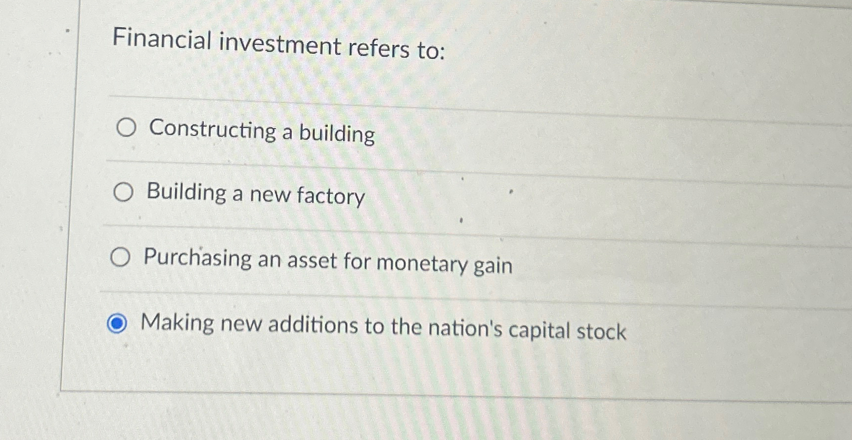 Solved Financial investment refers to:Constructing a | Chegg.com