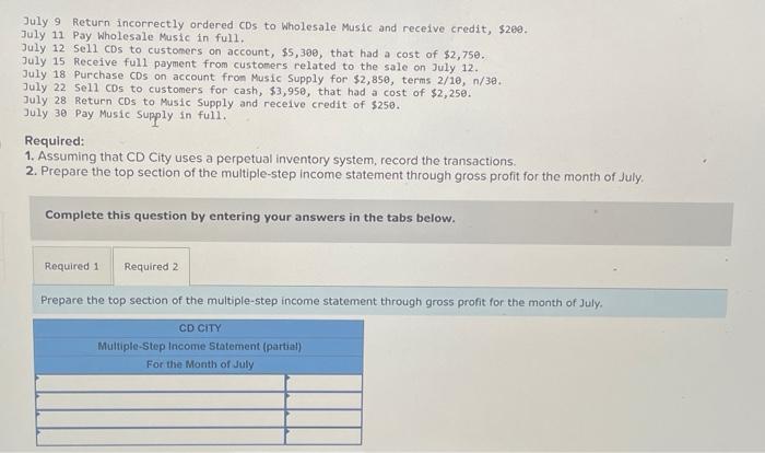 Solved At the beginning of July, CD City has a balance in | Chegg.com