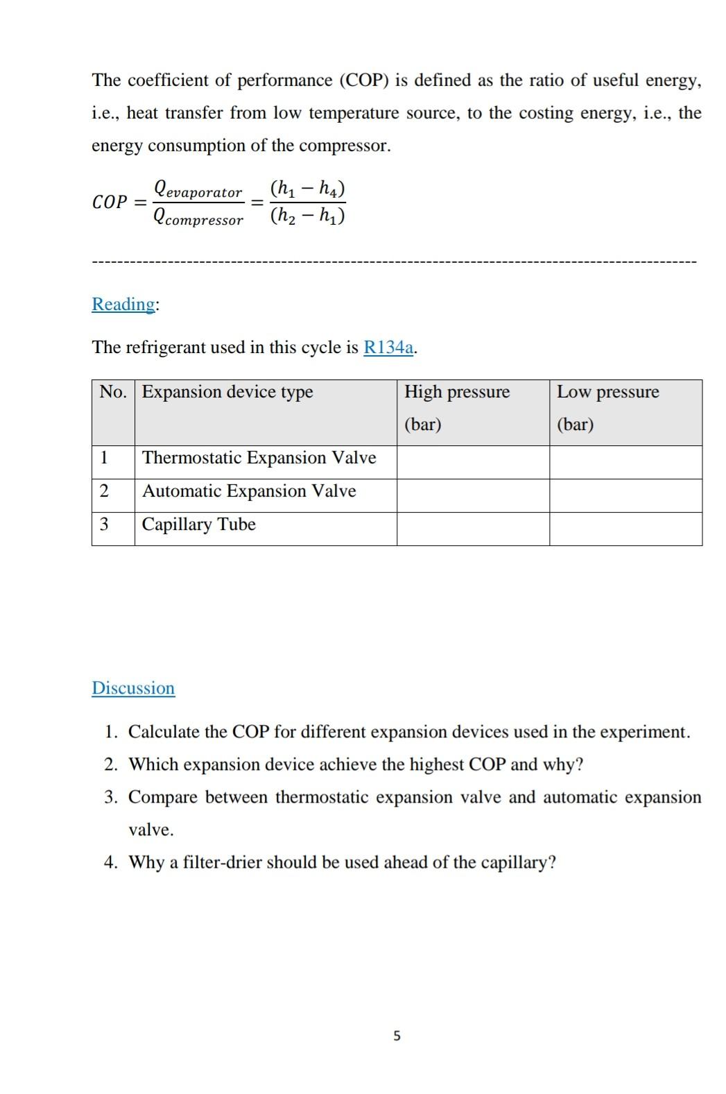 1. Calculate the COP for different expansion devices | Chegg.com