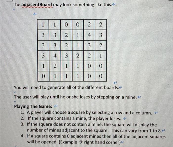 Solved The user will play minesweeper by choosing either | Chegg.com