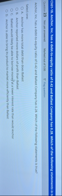 Solved Ch01-18. ﻿Anchor, Inc. has a debt-to-equity ratio of | Chegg.com