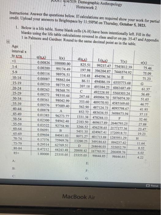 1. Below is a life table. Sometblank cells (A−H) have | Chegg.com