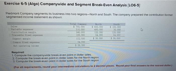 Solved Exercise 6-5 (Algo) Companywide and Segment | Chegg.com