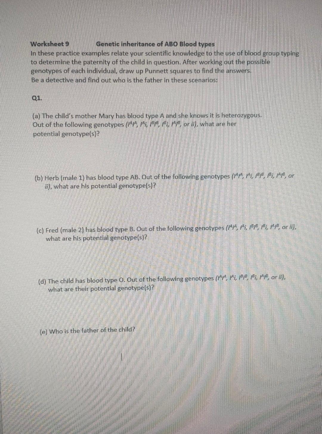 Solved Worksheet 9 Genetic inheritance of ABO Blood types In | Chegg.com