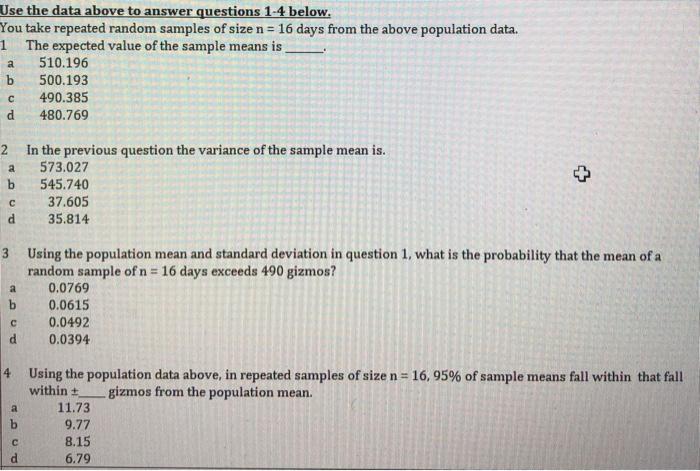 Solved You run a gizmo factory. The following population | Chegg.com