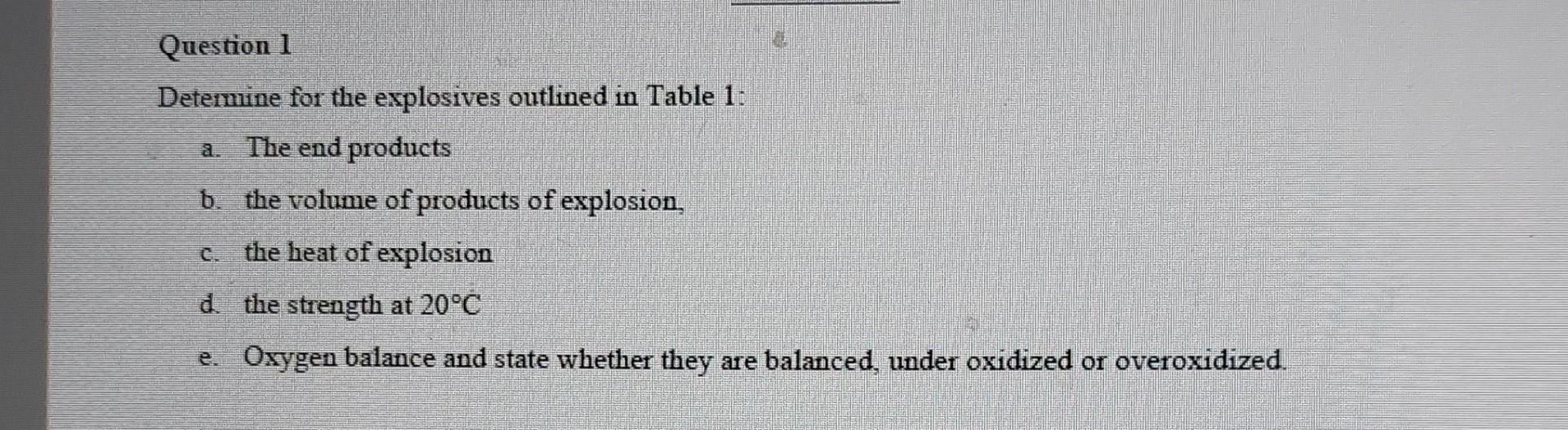 Solved Determine for the explosives outlined in Table 1: a. | Chegg.com