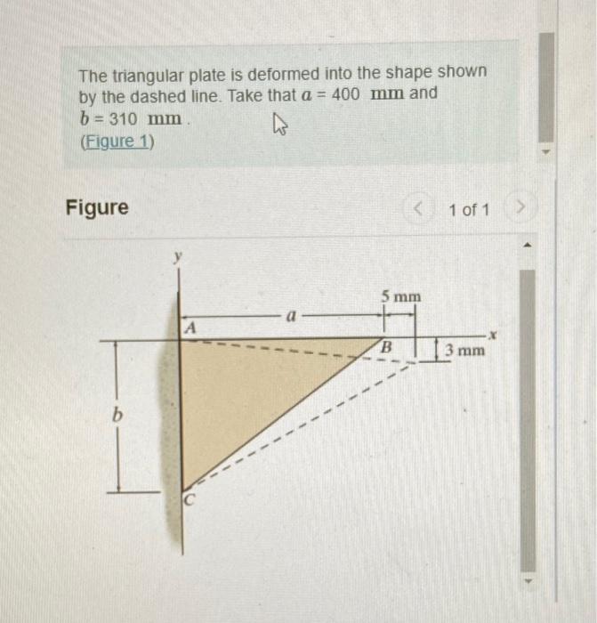 Solved The triangular plate is deformed into the shape shown | Chegg.com