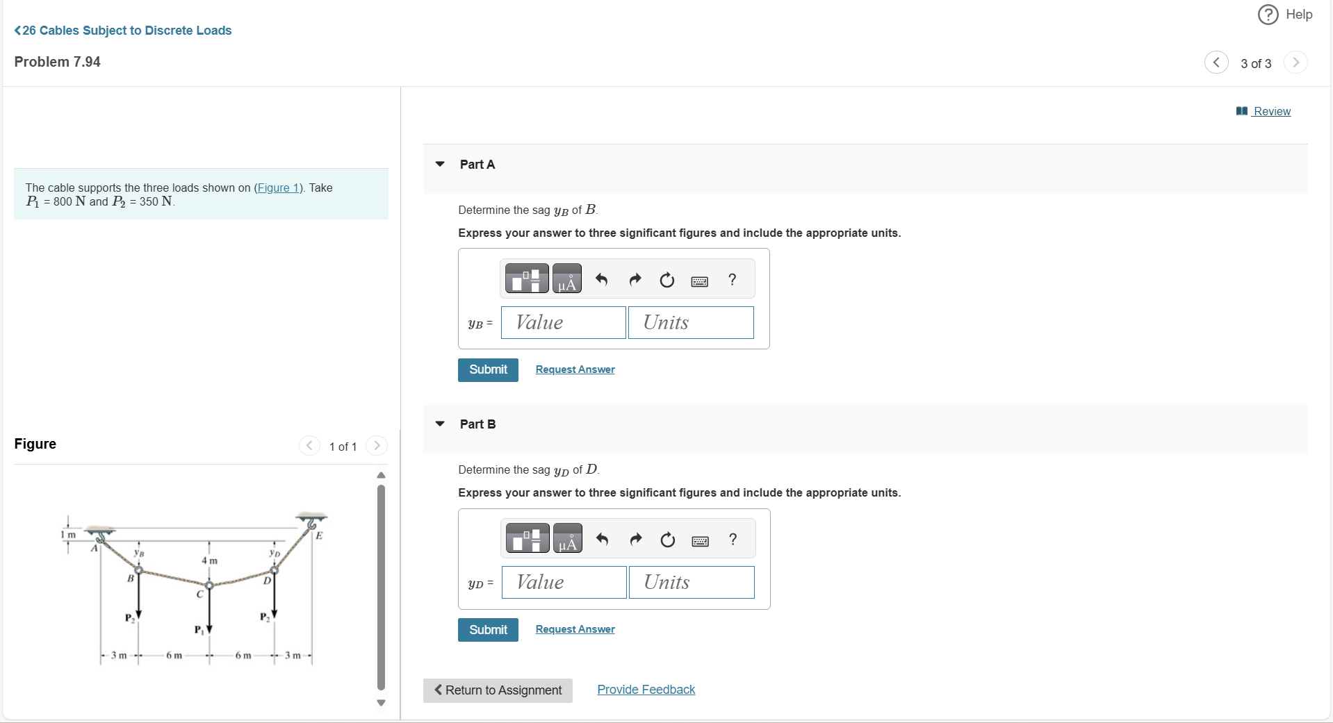 Solved Problem 7.94The cable supports the three loads shown | Chegg.com