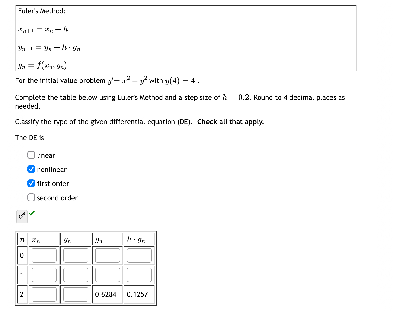 Solved Euler's Method:xn+1=xn+hyn+1=yn+h*gngn=f(xn,yn)For | Chegg.com