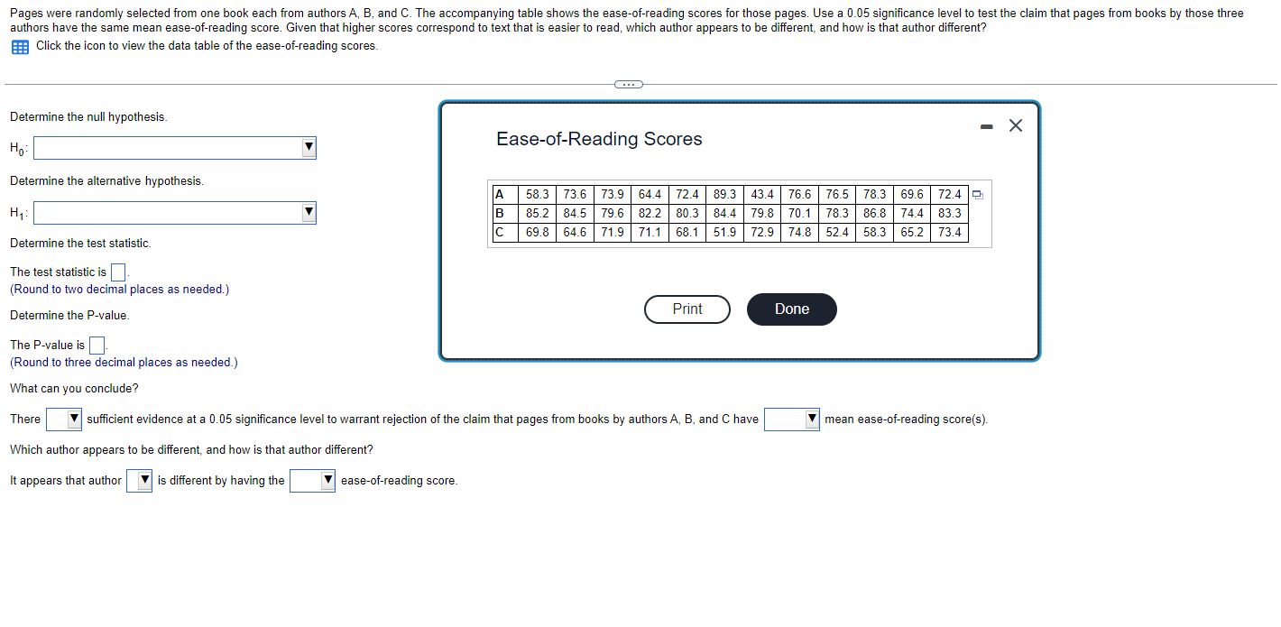 Solved authors have the same mean ease-of-reading score. | Chegg.com