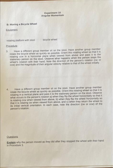 Solved Experiment 10. Angular Momentum B: Moving a Bicycle | Chegg.com