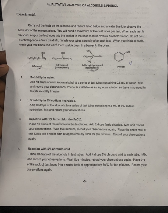 Solved QUALITATIVE ANALYSIS OF ALCOHOLS & PHENOL | Chegg.com