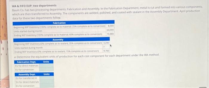 Solved WA \& FIFO EUP; two departments Baum Co. has two | Chegg.com
