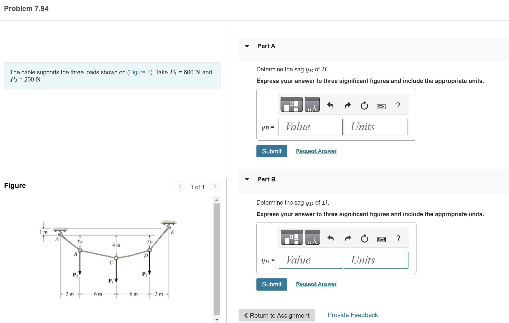 Solved The cable supports the three loads shown | Chegg.com