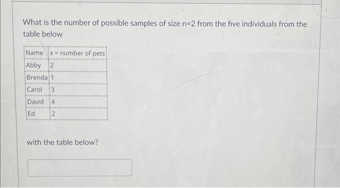 Solved What is the number of possible samples of size n=2 | Chegg.com