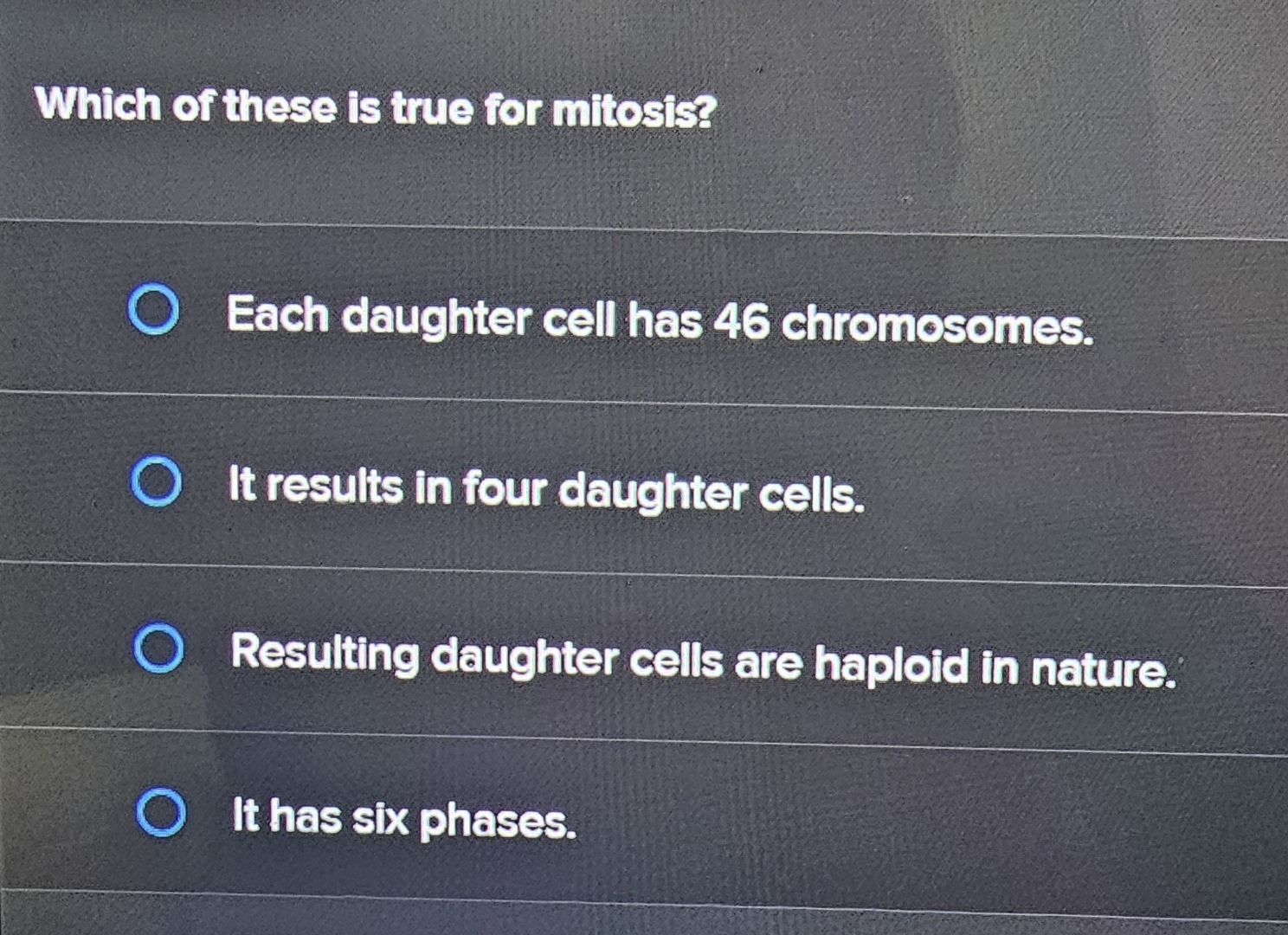 Solved Which of these is true for milosis?Each daughter cell | Chegg.com