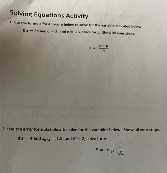 Solved 1. Use the formula for a z score below to solve for | Chegg.com