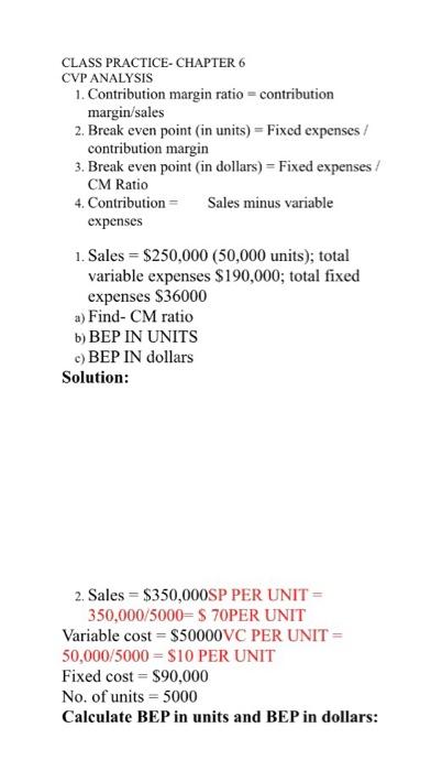 Solved CLASS PRACTICE- CHAPTER 6 CVP ANALYSIS 1. | Chegg.com
