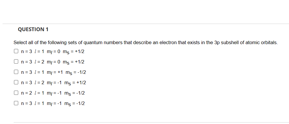 Solved QUESTION 1Select all of the following sets of quantum | Chegg.com