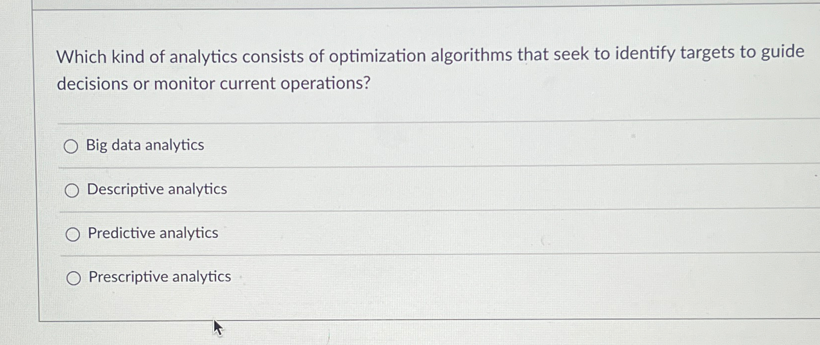 Solved Which kind of analytics consists of optimization | Chegg.com