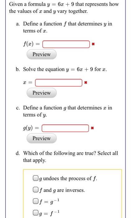 Solved Given a formula y = 6x + 9 that represents how the | Chegg.com