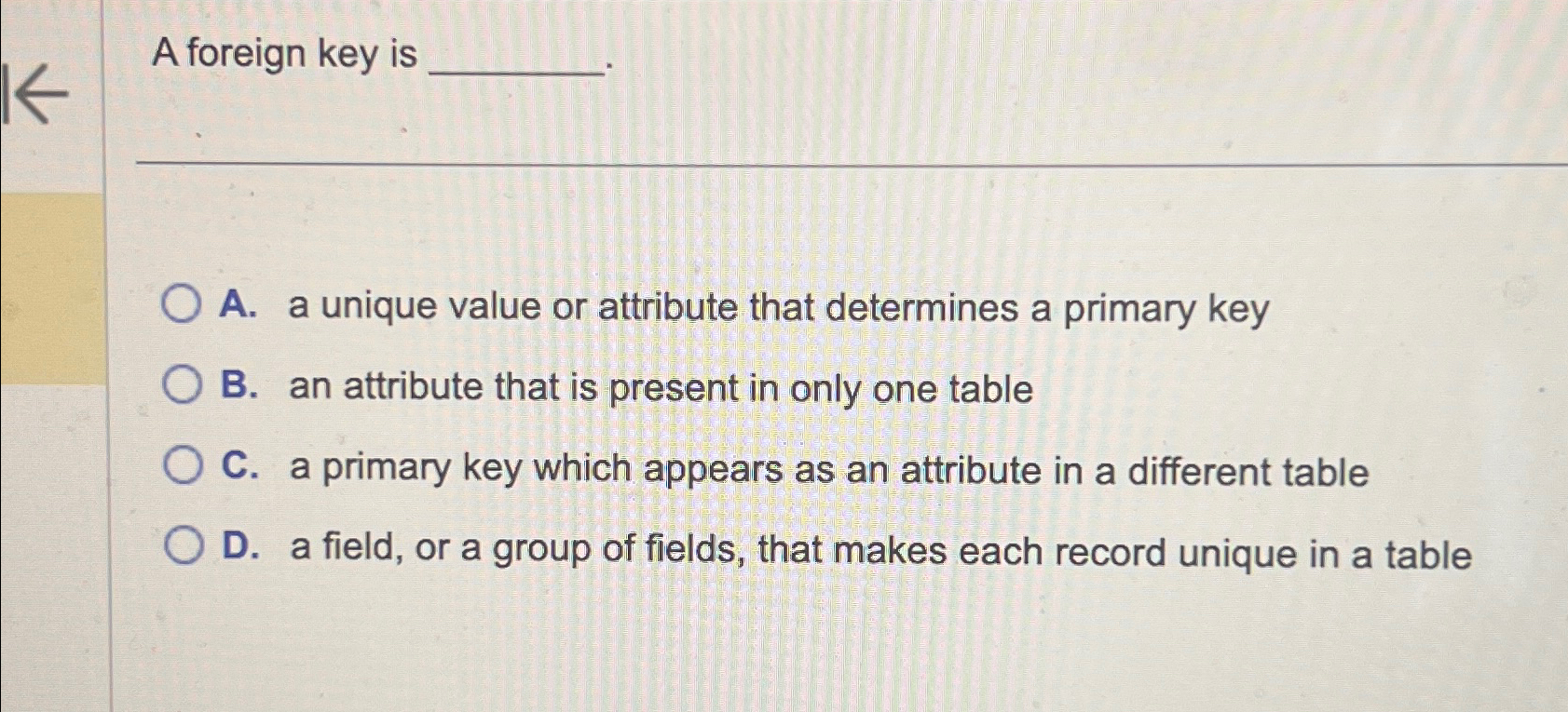 Solved A foreign key isA. ﻿a unique value or attribute that | Chegg.com