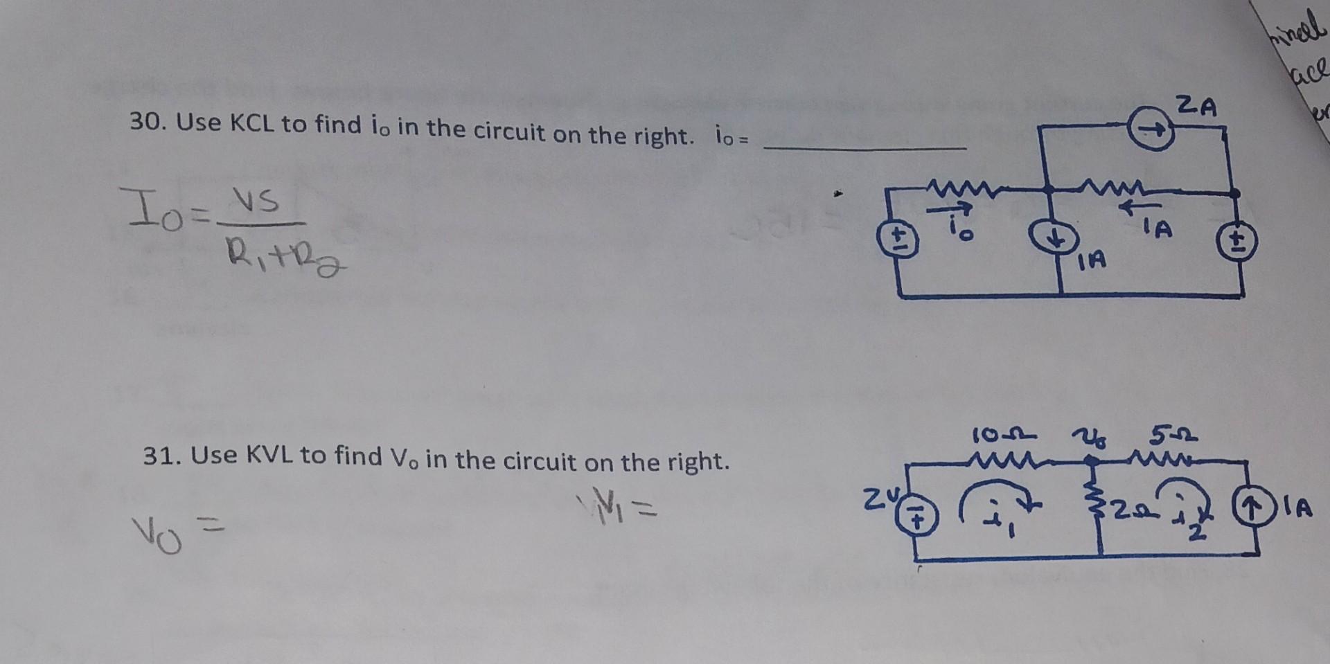 Solved I0=R1+R2VS 31. Use KVL to find V0 in the circuit on | Chegg.com