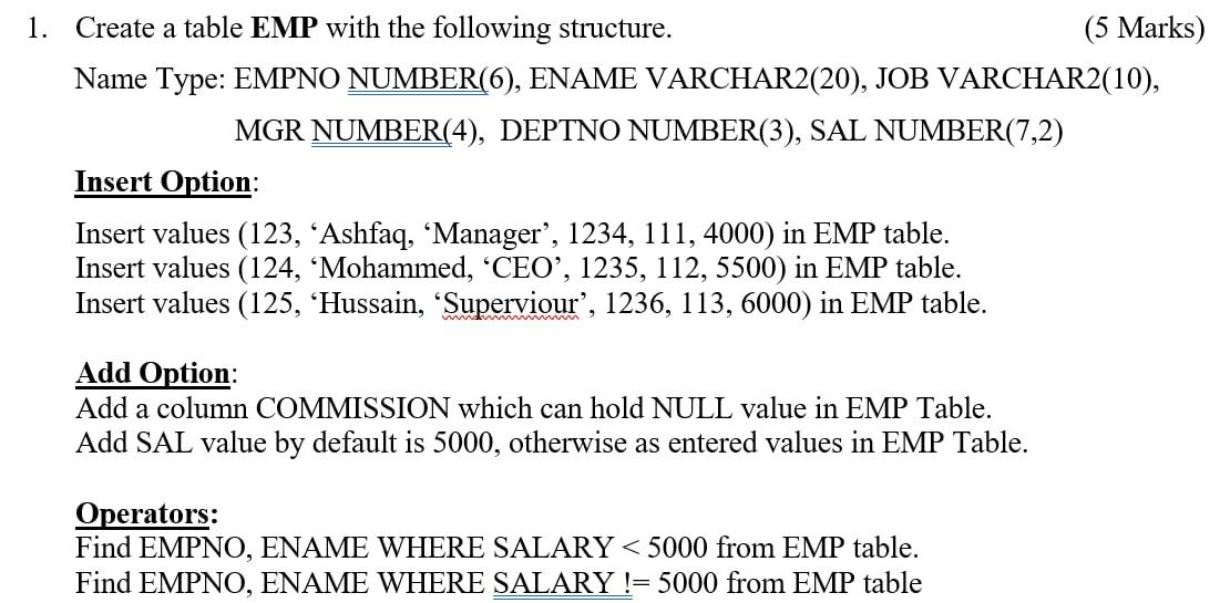 Solved 1. Create a table EMP with the following structure. | Chegg.com