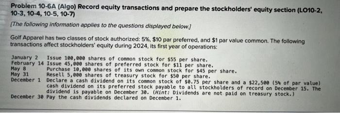Solved Problem 10-6A (Algo) Record equity transactions and | Chegg.com