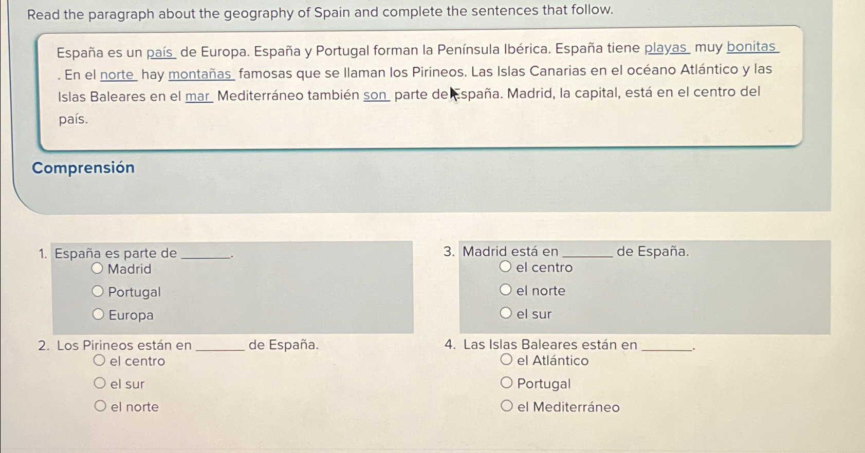 Solved Read the paragraph about the geography of Spain and | Chegg.com