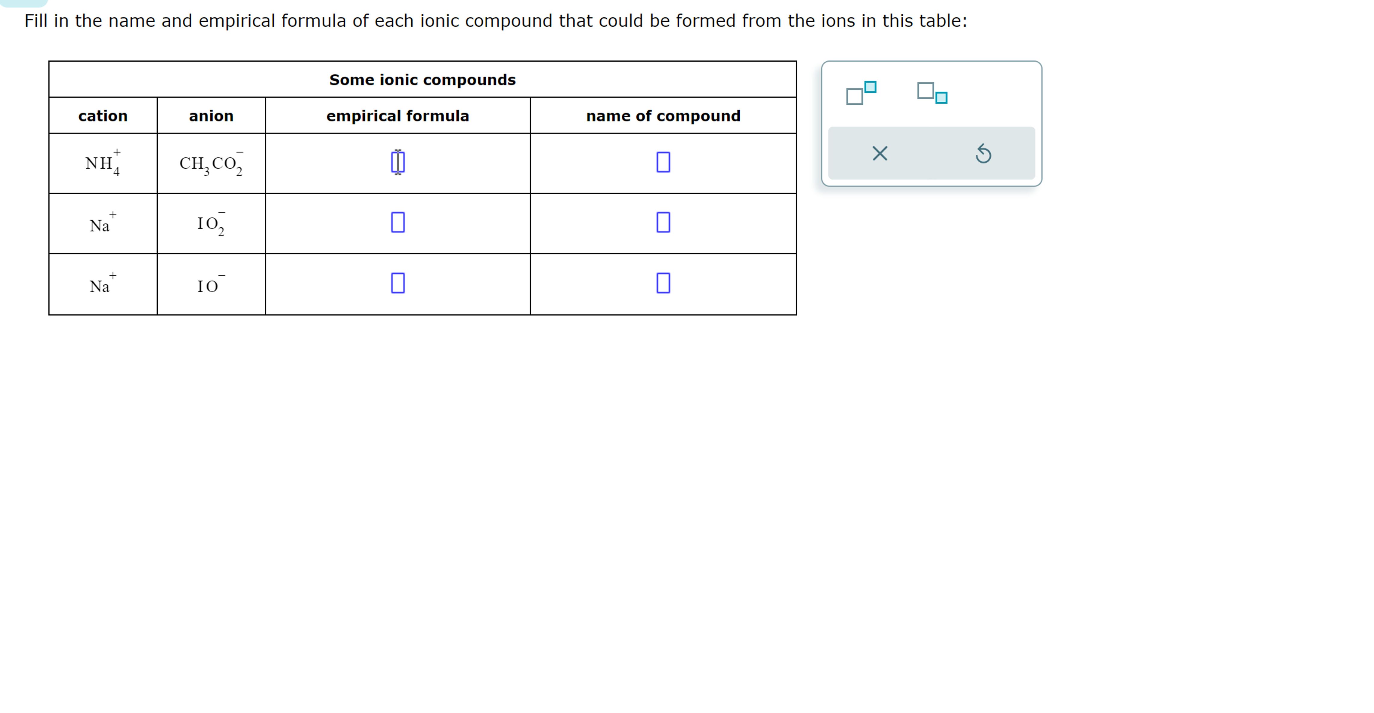 Solved Fill in the name and empirical formula of each ionic | Chegg.com
