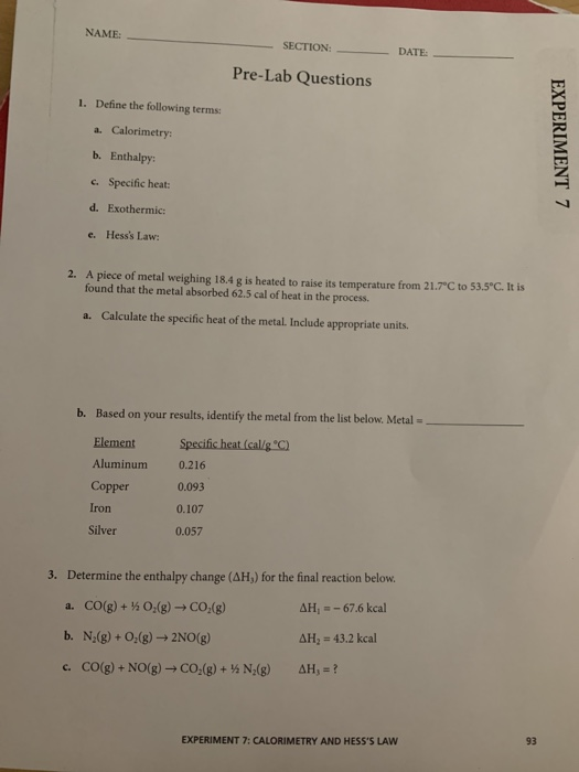 Solved NAME: DATE SECTION Pre-Lab Questions 1. Define the | Chegg.com