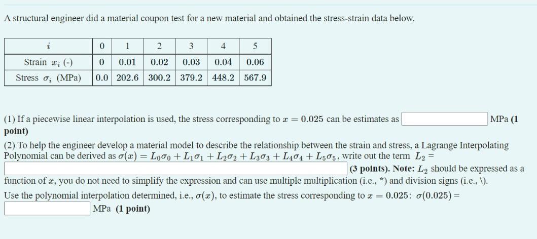Solved A structural engineer did a material coupon test for | Chegg.com