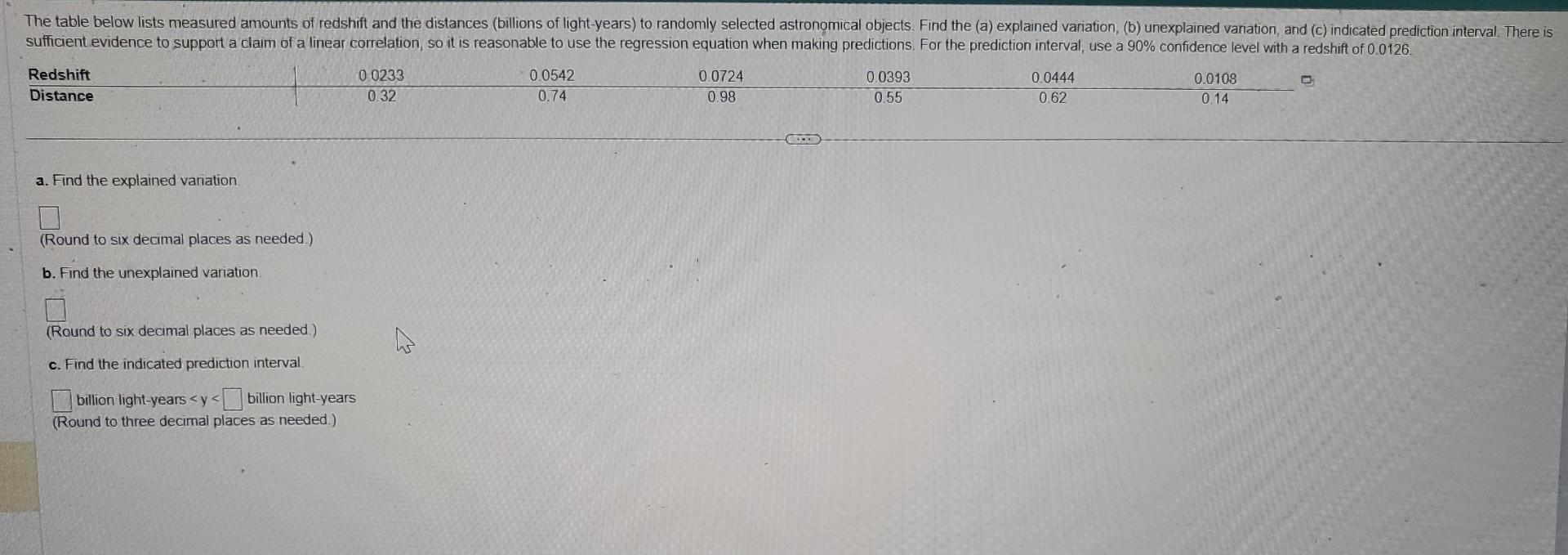 Solved The table below lists measured amounts of redshift | Chegg.com