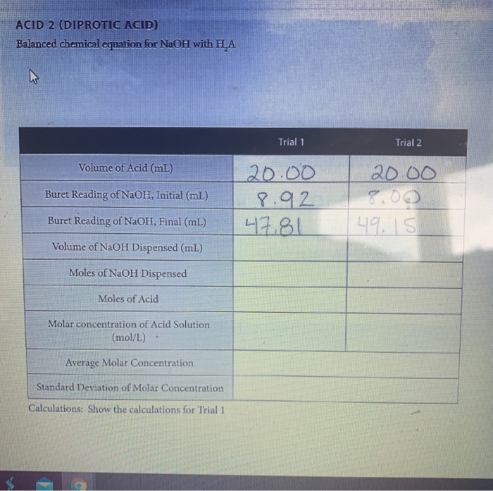 Solved ACID 2 (DIPROTIC ACID) Balanced chemical equation for | Chegg.com