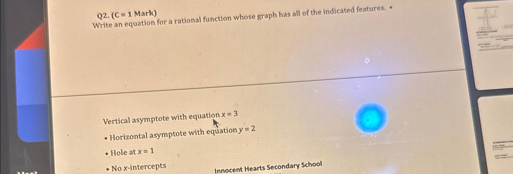Solved Q2. (C = 1 ﻿Mark)Write an equation for a rational | Chegg.com