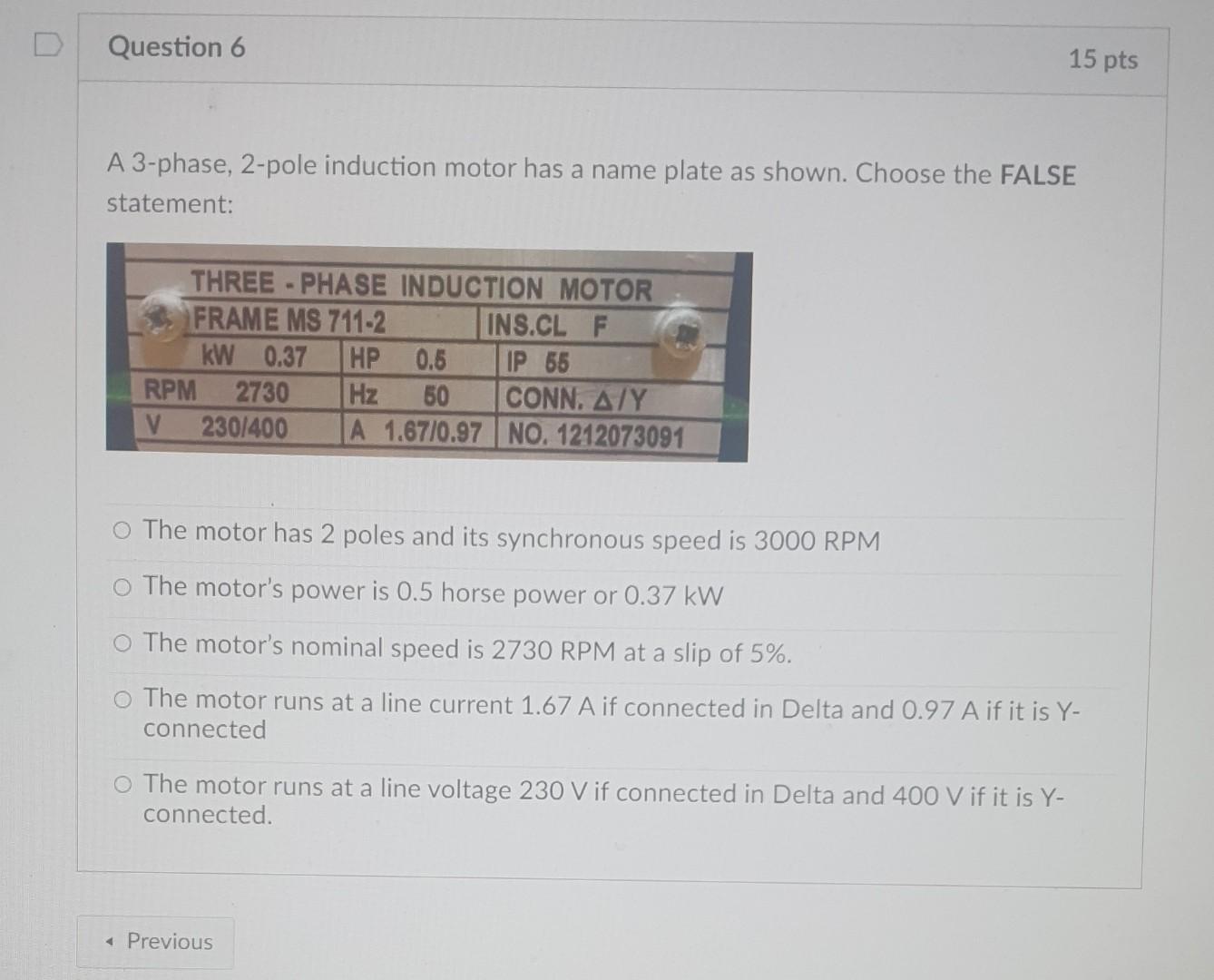 Solved A 3-phase, 2-pole induction motor has a name plate as | Chegg.com