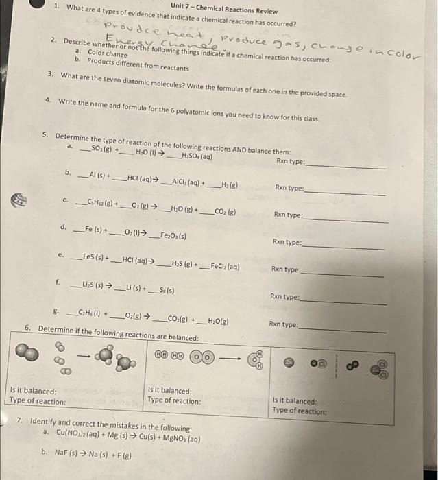 Solved Unit 7 - Chemical Reactions Review 1 What are 4 types | Chegg.com