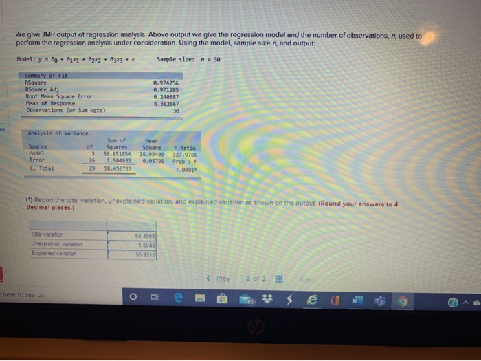 Solved We give JMP output of regression analysis. Above | Chegg.com