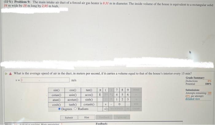 Solved (11\%) Problem 9: The main intake air duct of a | Chegg.com