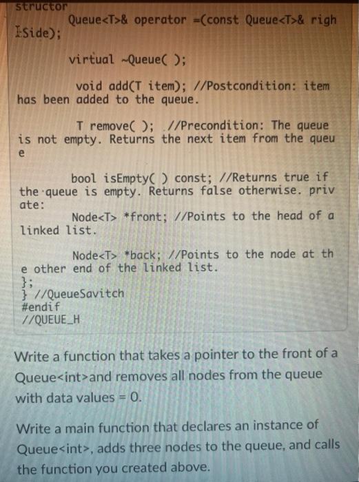 Solved structor ISide); Queue & operator = (const Queue T>& | Chegg.com