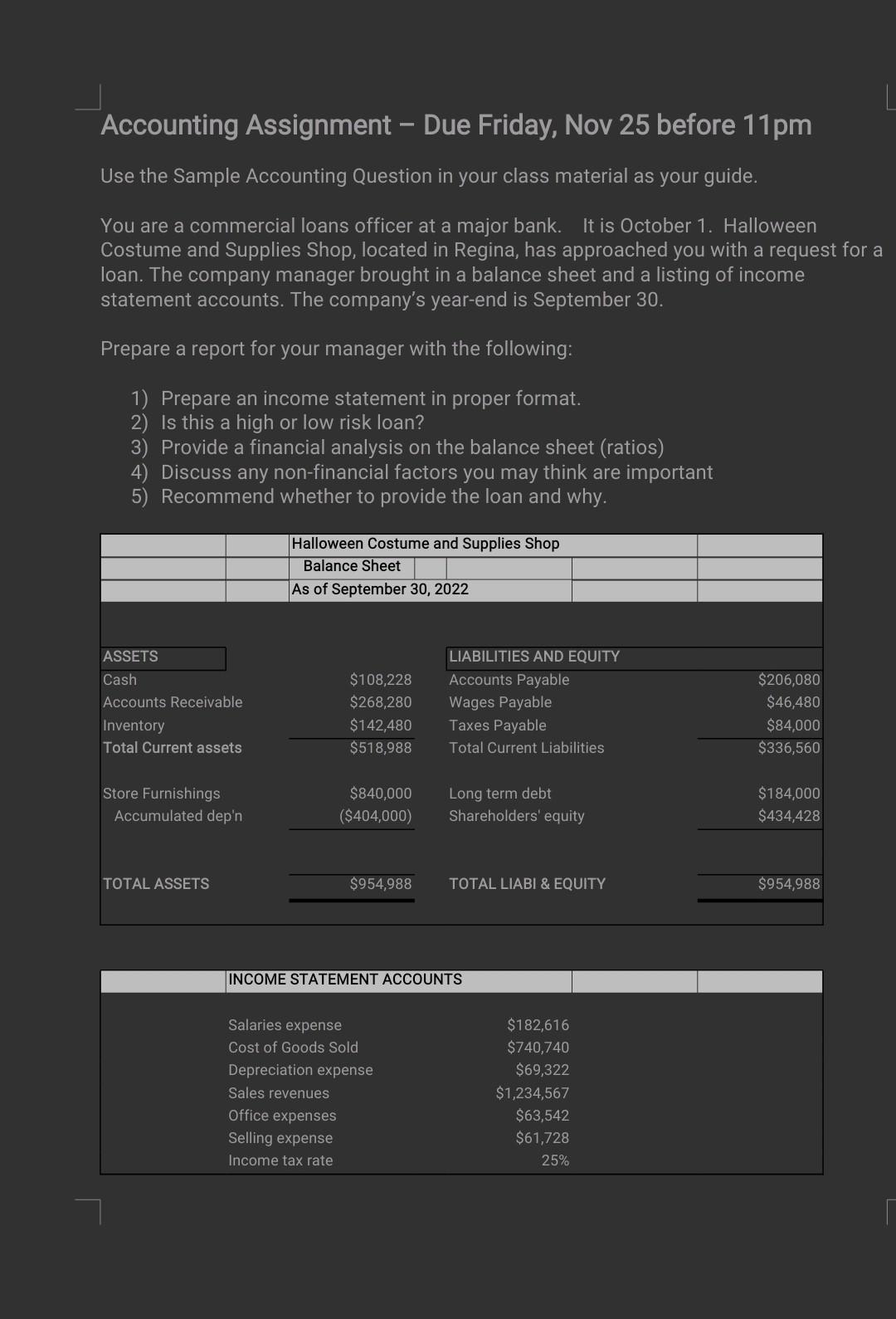 Solved Accounting Assignment - Due Friday, Nov 25 before | Chegg.com