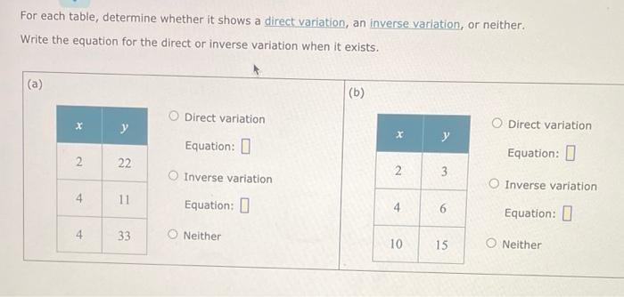 Solved For each table, determine whether it shows a direct | Chegg.com
